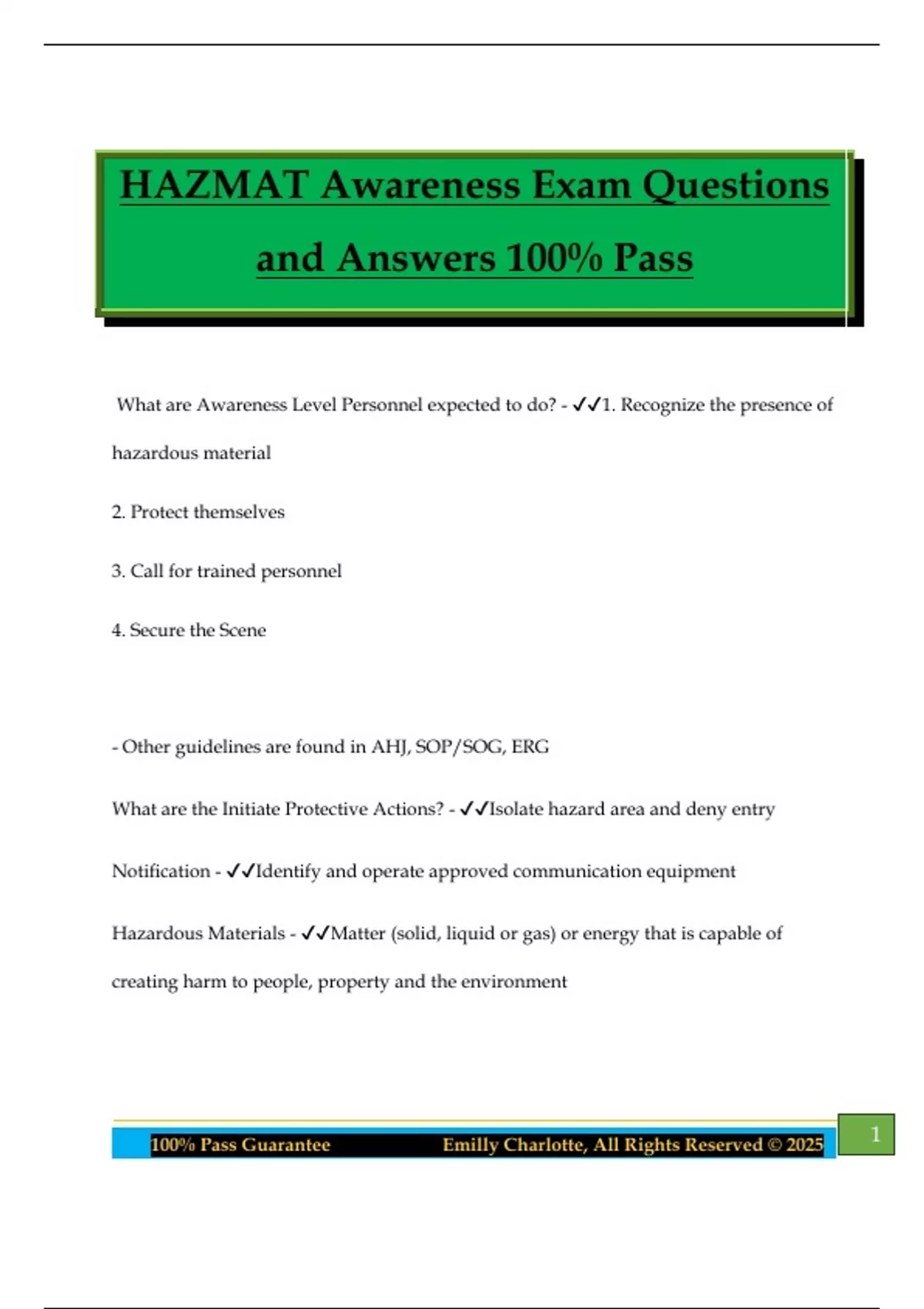 HAZMAT Awareness Exam Questions and Answers 100% Pass - Hazmat - Stuvia US