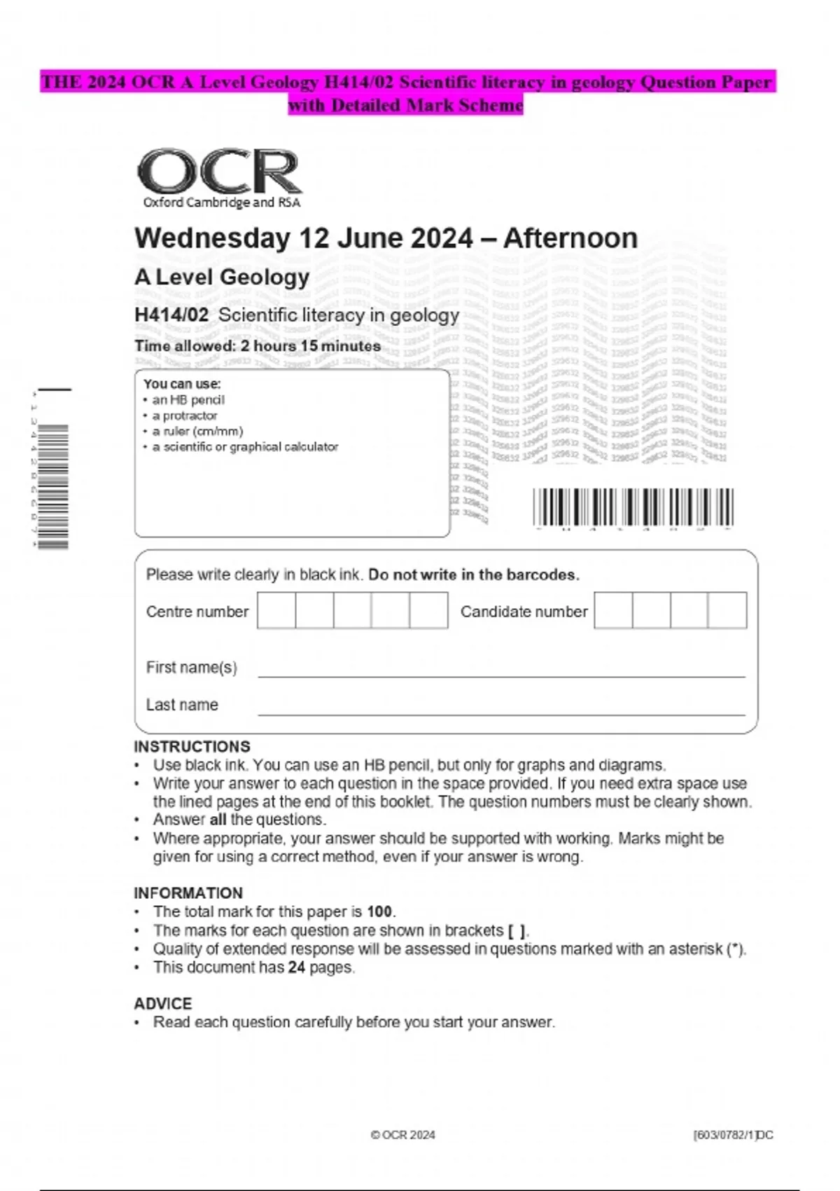 THE 2024 OCR A Level Geology H414/02 Scientific literacy in geology ...