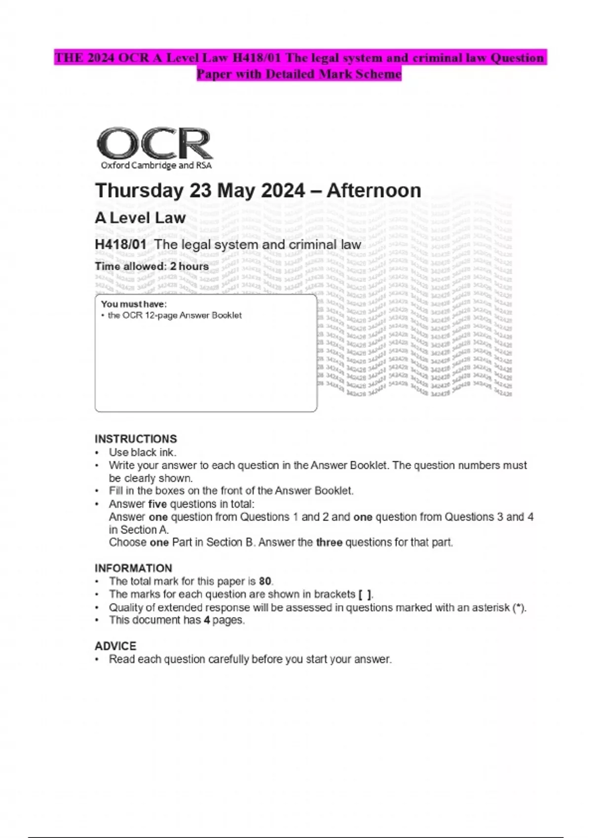 THE 2024 OCR A Level Law H418/01 The legal system and criminal law ...