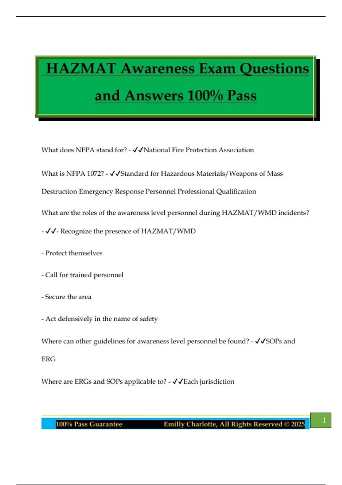 HAZMAT Awareness Exam Questions and Answers 100% Pass - Hazmat - Stuvia US