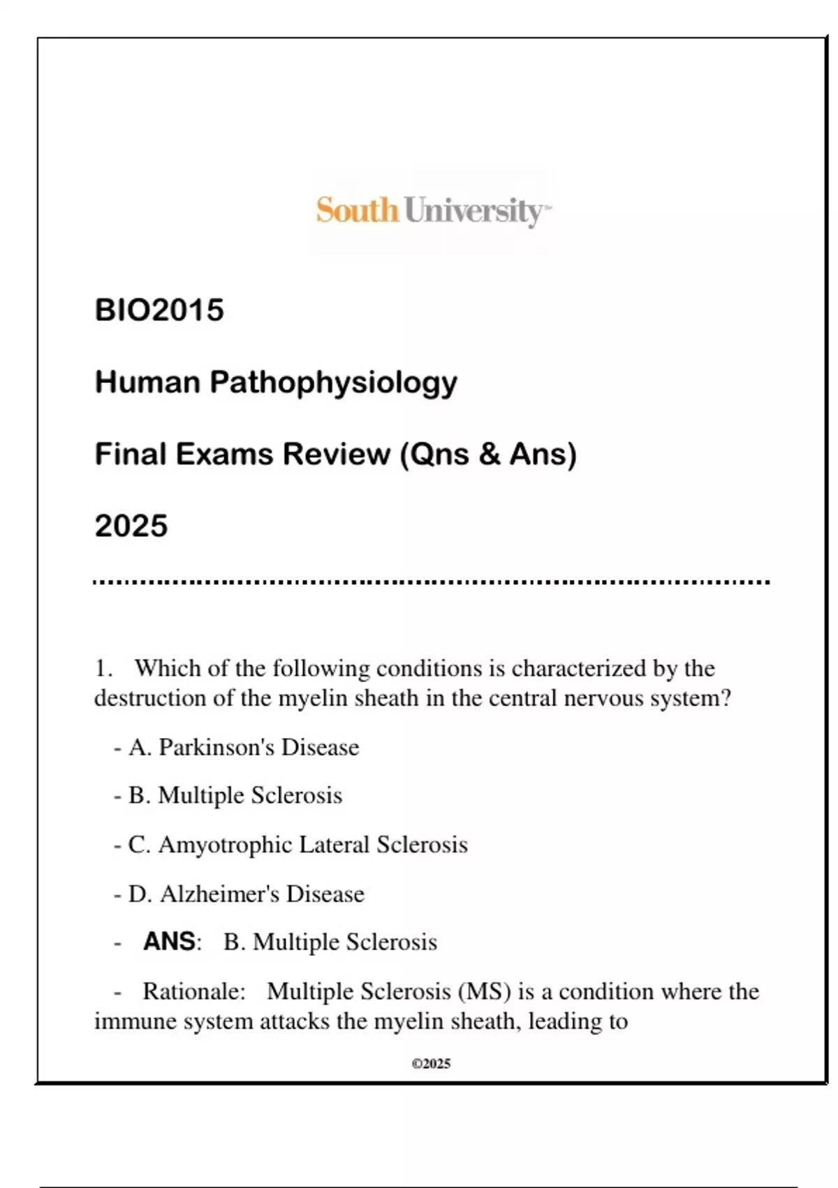 BIO2015 Human Pathophysiology Finals Exams Review 2025 (Qns & Ans ...