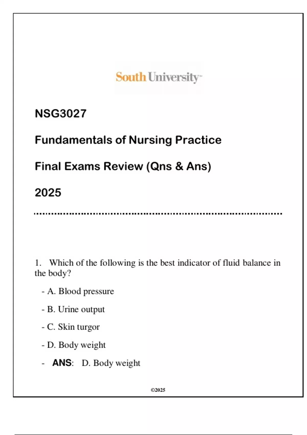 NSG3027 Fundamentals of Nursing Practice Exams Review 2025 (Qns & Ans) - Advanced Nursing ...