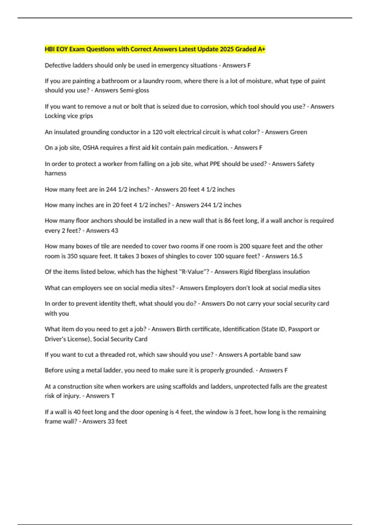 HBI EOY Exam Questions with Correct Answers Latest Update 2025 Graded ...