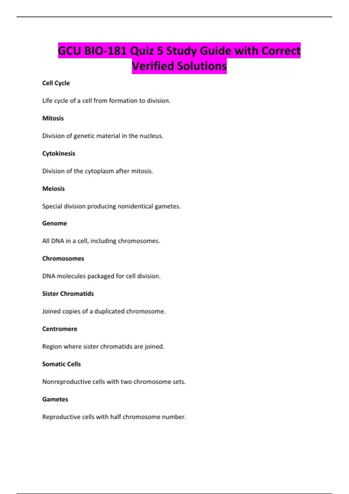 GCU BIO-181 Quiz 5 Study Guide with Correct Verified Solutions - GCU BIO-181 - Stuvia US