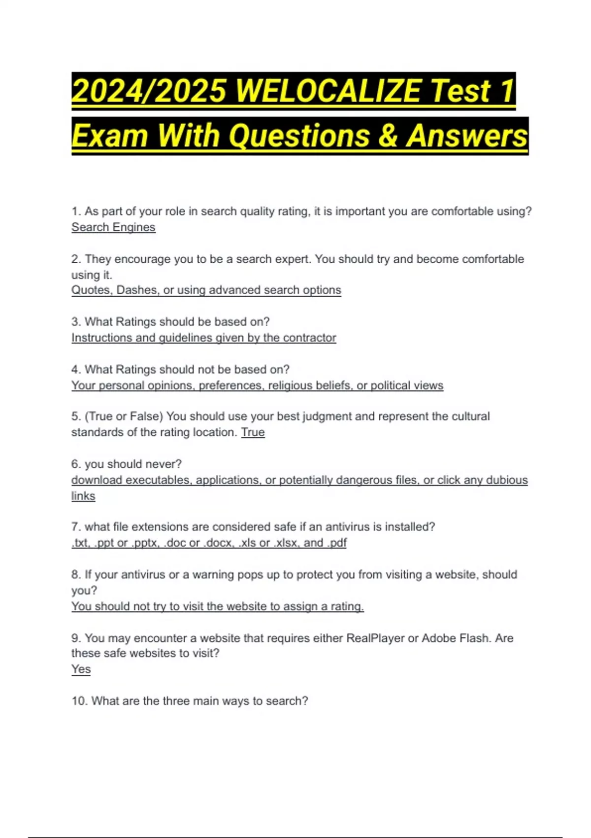 2024/2025 WELOCALIZE Test 1 Exam With Questions & Answers - WELOCALIZE ...