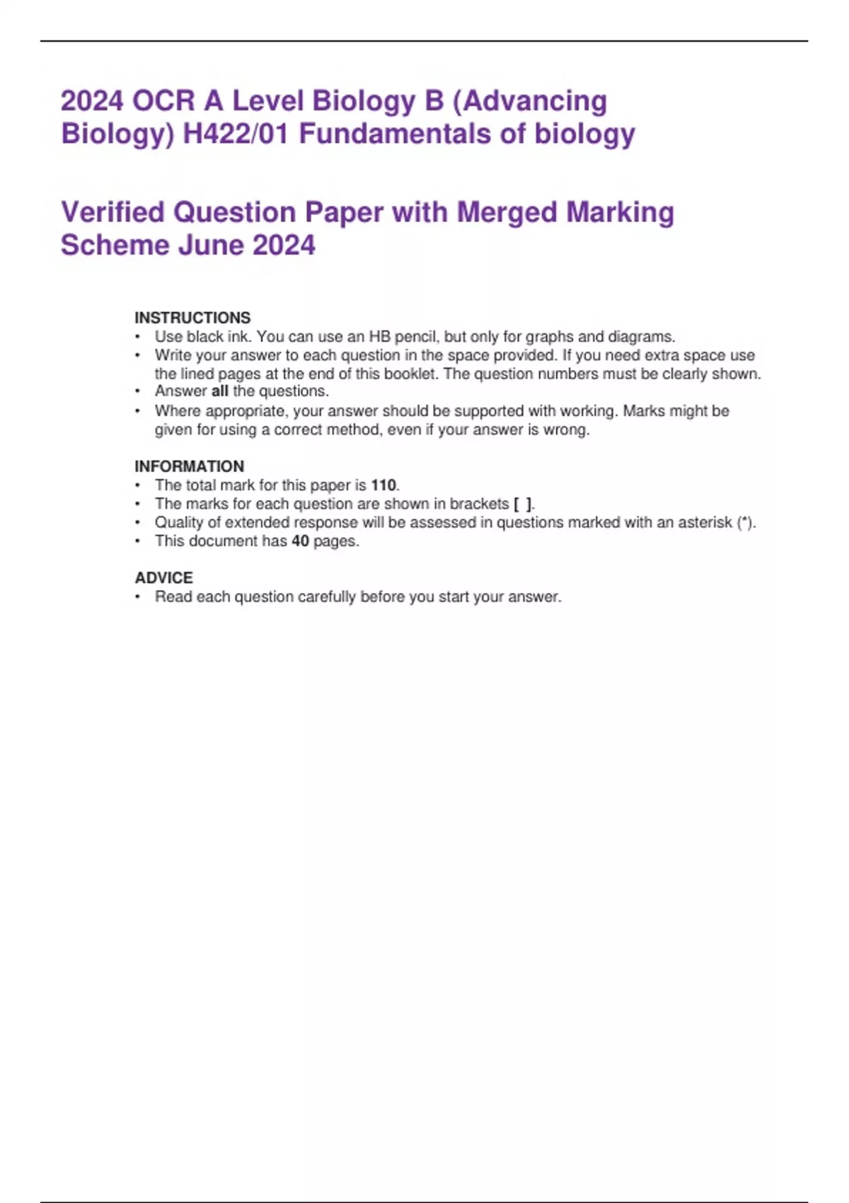2024 OCR A Level Biology B (Advancing Biology) H422/01 Fundamentals of biology Verified Question ...