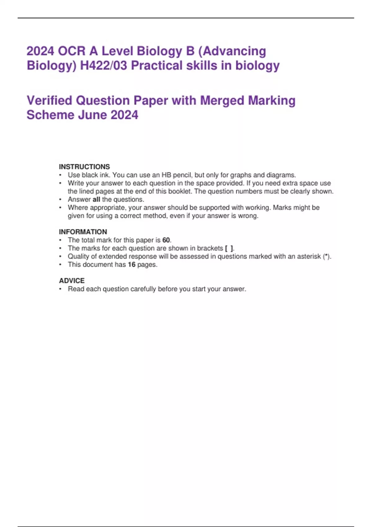 2024 OCR A Level Biology B (Advancing Biology) H422/03 Practical skills in biology Verified ...