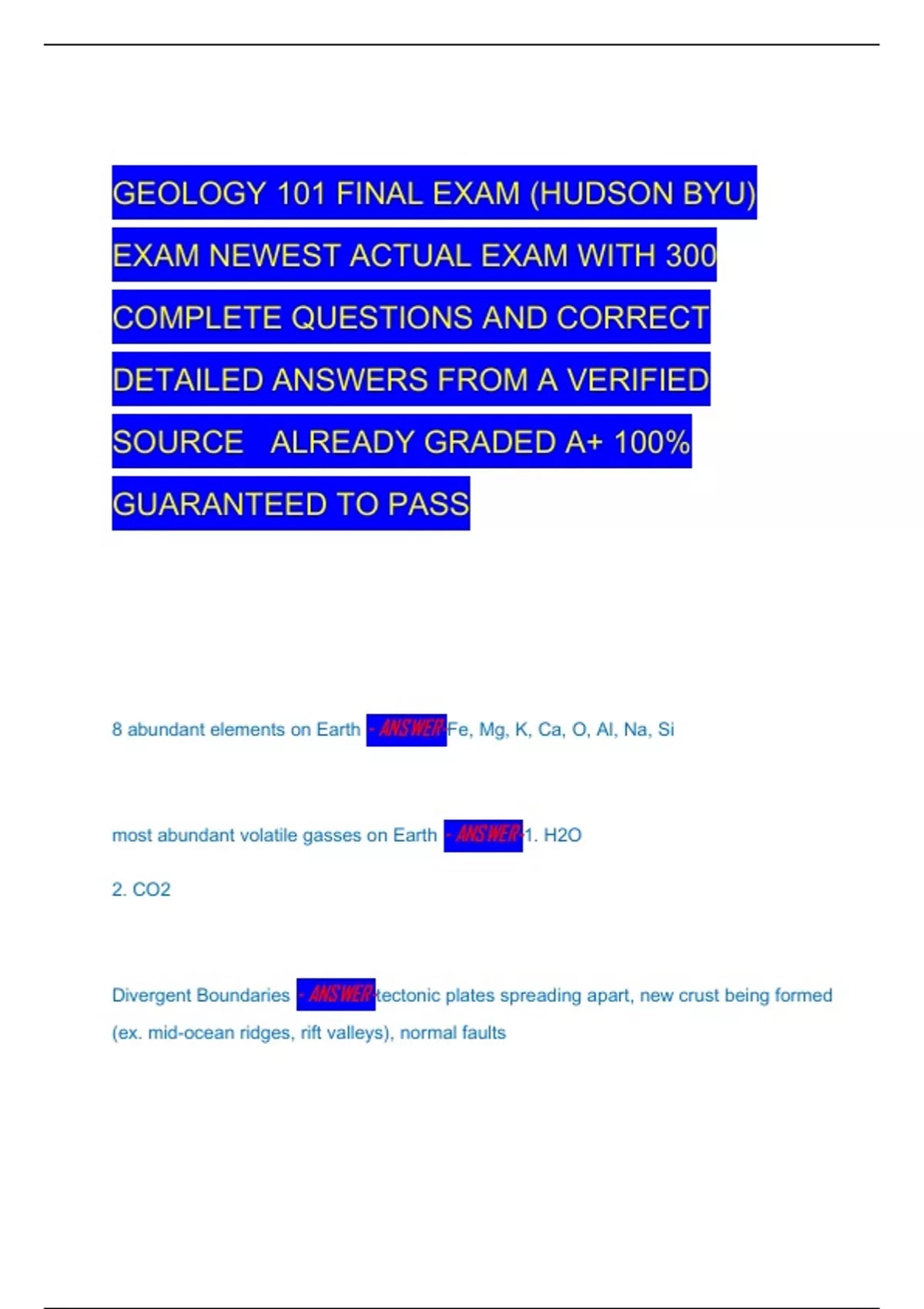 GEOLOGY 101 FINAL EXAM (HUDSON BYU) EXAM NEWEST ACTUAL EXAM WITH 300 COMPLETE QUESTIONS AND ...