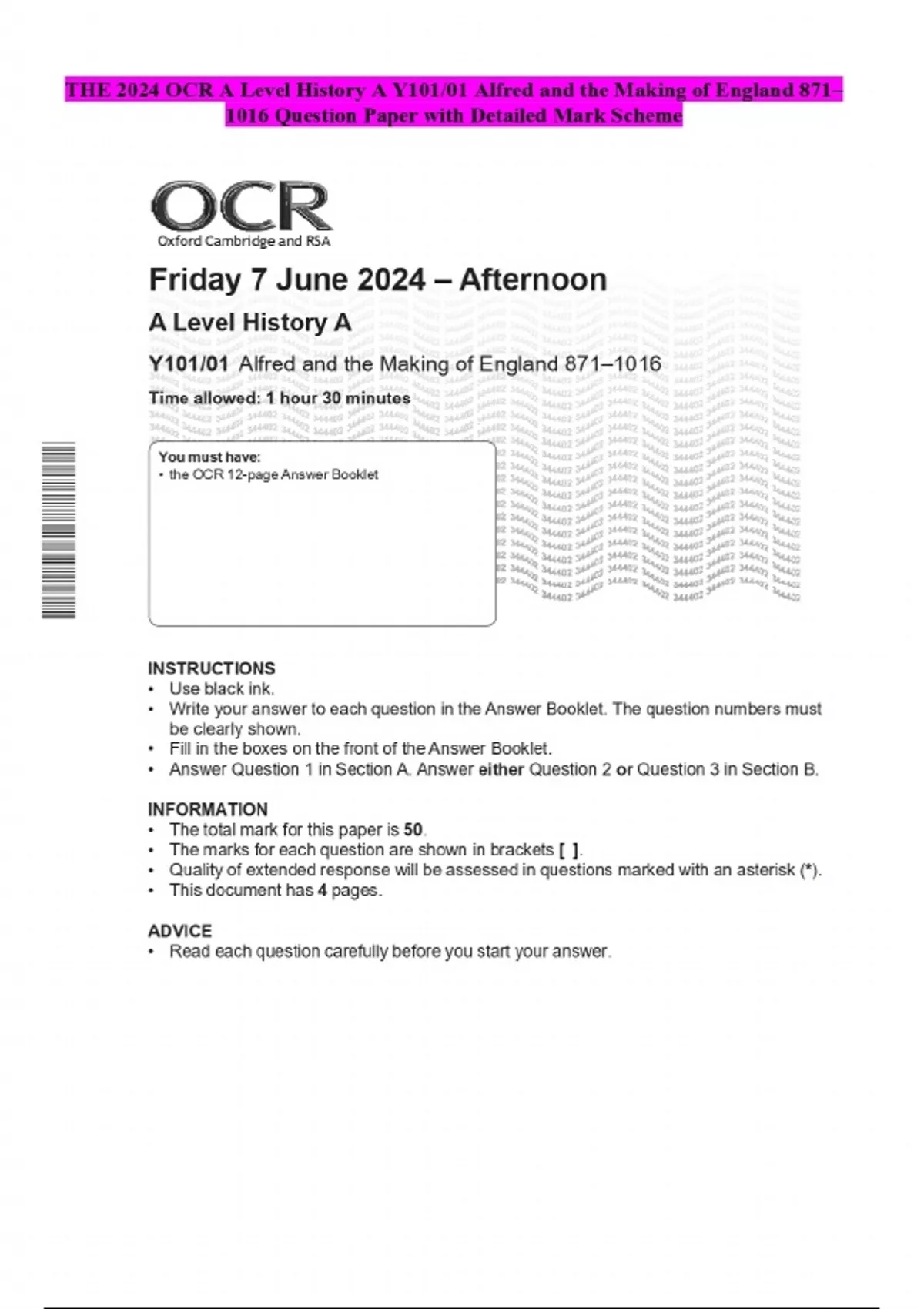 THE 2024 OCR A Level History A Y101/01 Alfred and the Making of England ...