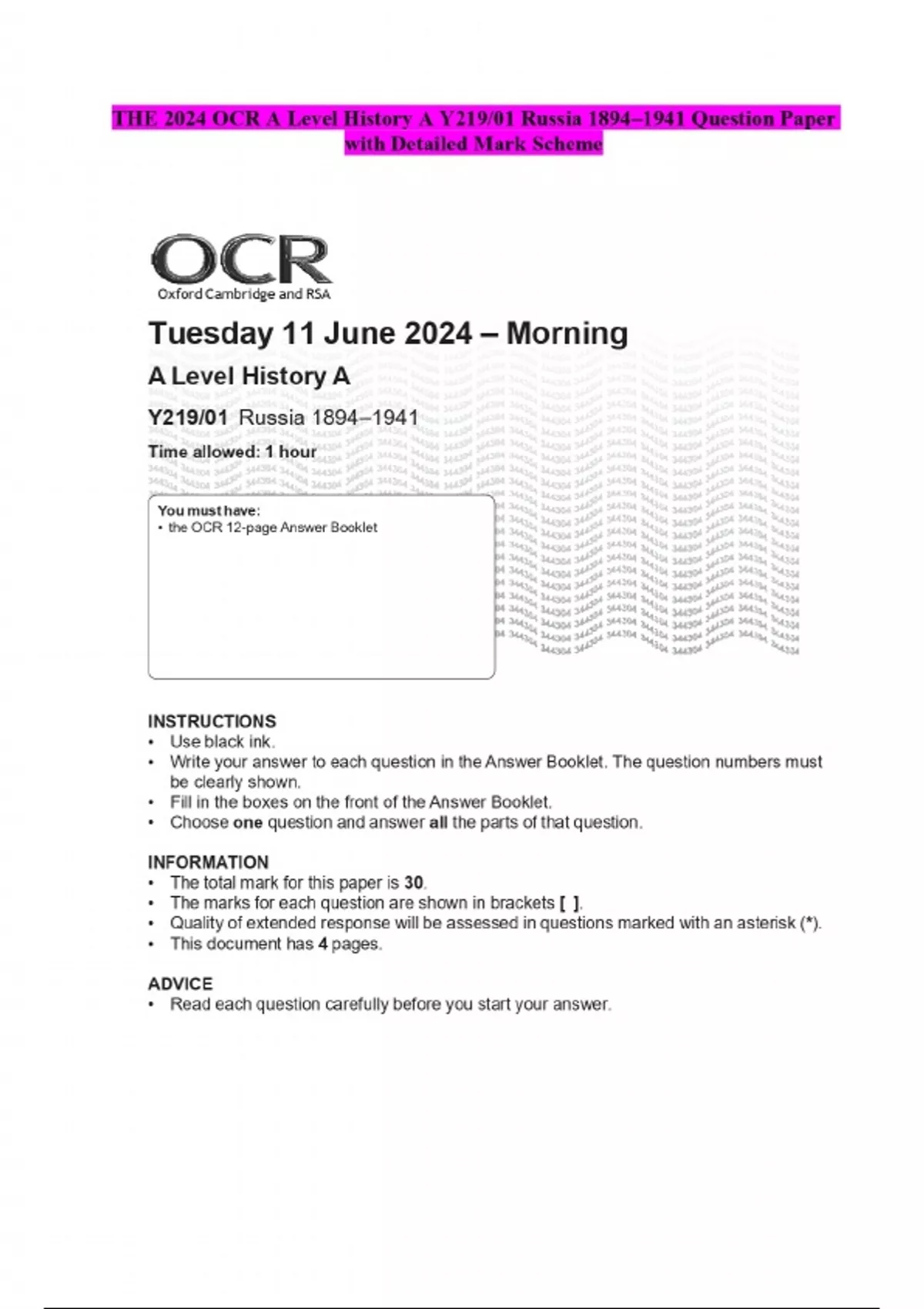 THE 2024 OCR A Level History A Y219/01 Russia 1894–1941 Question Paper ...