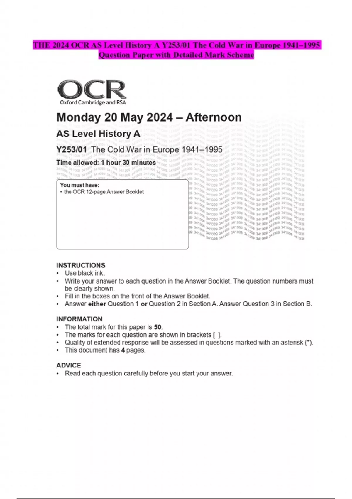 THE 2024 OCR AS Level History A Y253/01 The Cold War in Europe 1941 ...