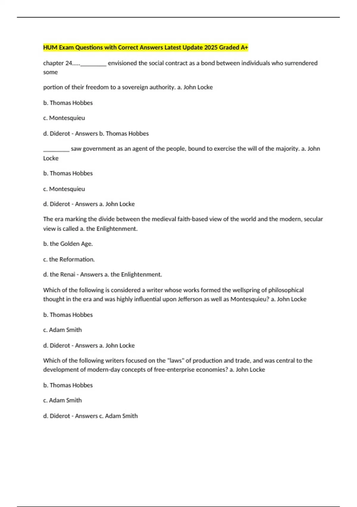 HUM Exam Questions with Correct Answers Latest Update 2025 Graded A+ ...