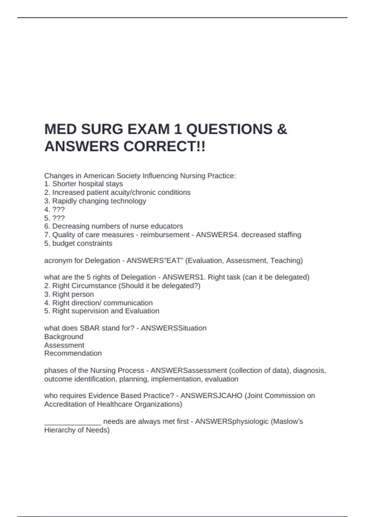 MED SURG EXAM 1 QUESTIONS & ANSWERS CORRECT!! - MED SURG - Stuvia US