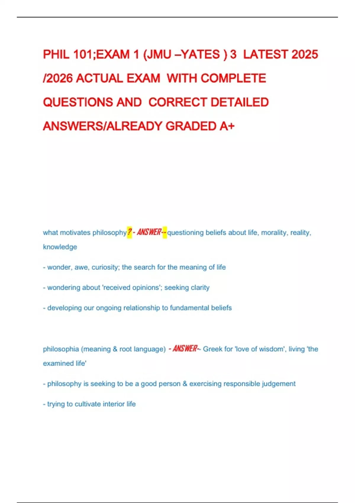 PHIL 101;EXAM 1 (JMU –YATES ) 3 LATEST 2025 /2026 ACTUAL EXAM WITH ...