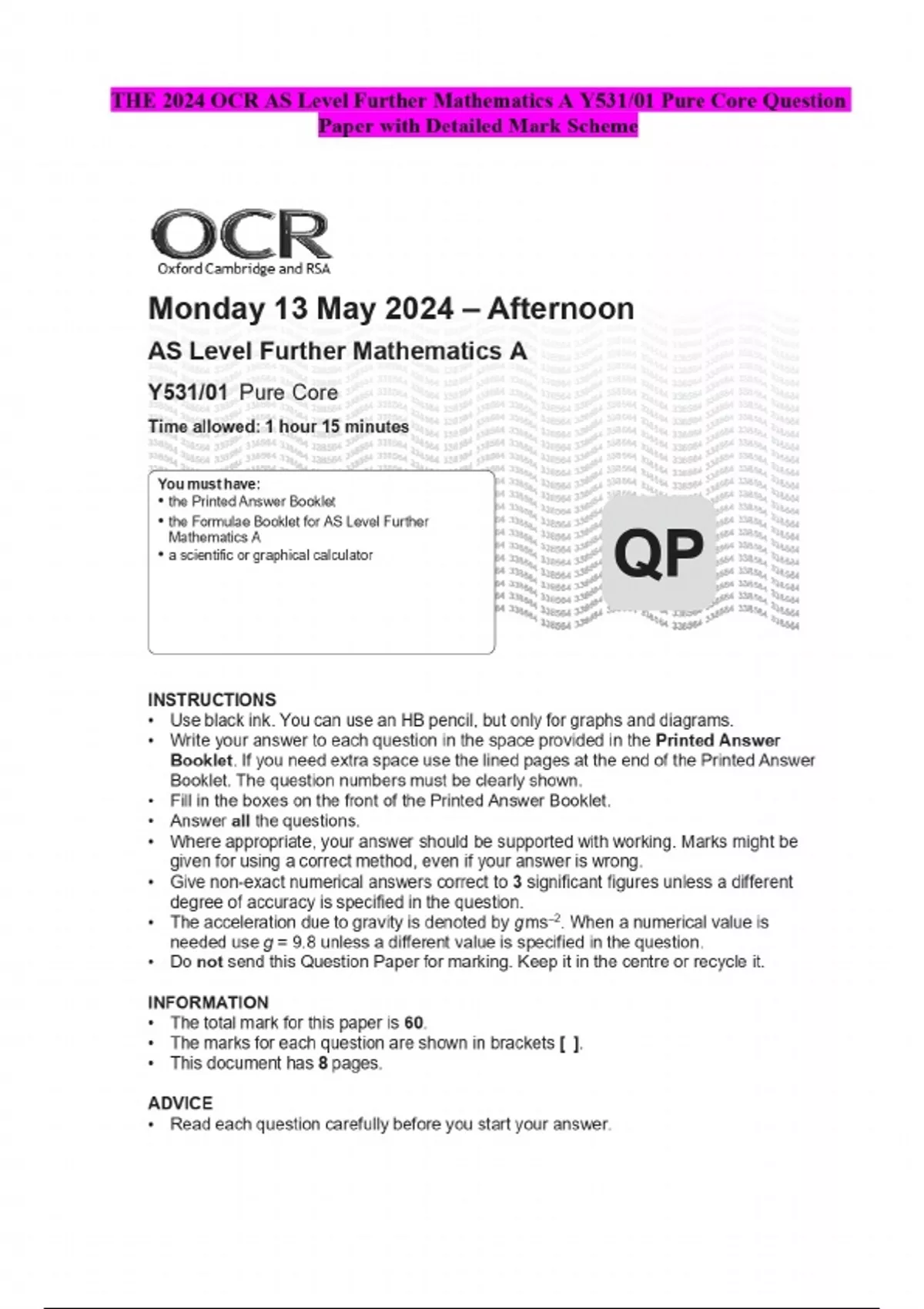 THE 2024 OCR AS Level Further Mathematics A Y531/01 Pure Core Question ...
