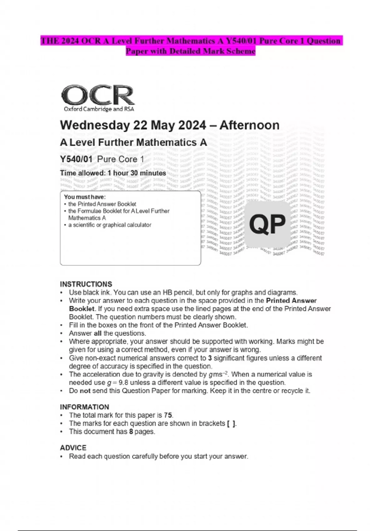 THE 2024 OCR A Level Further Mathematics A Y540/01 Pure Core 1 Question ...