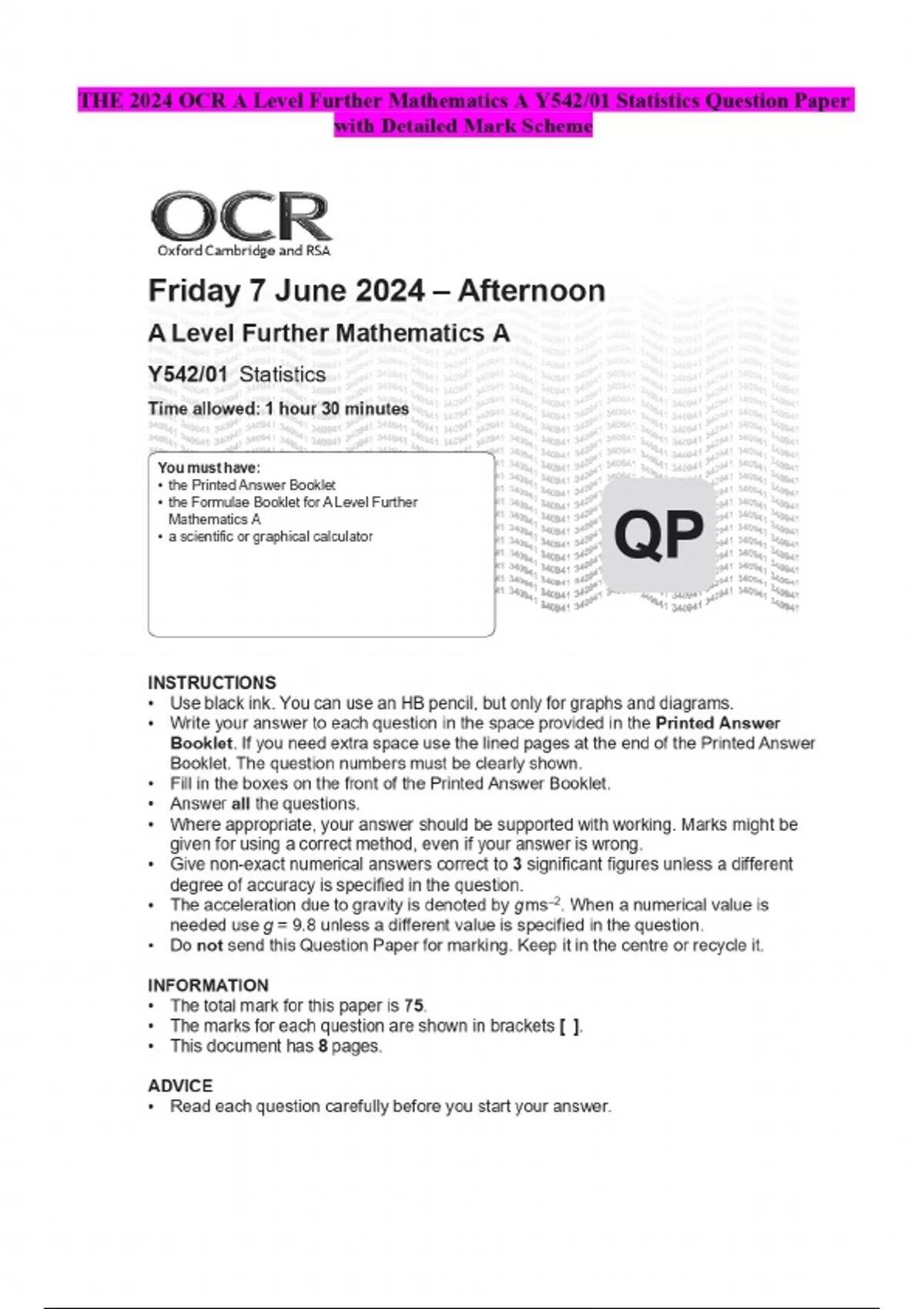 THE 2024 OCR A Level Further Mathematics A Y542/01 Statistics Question ...