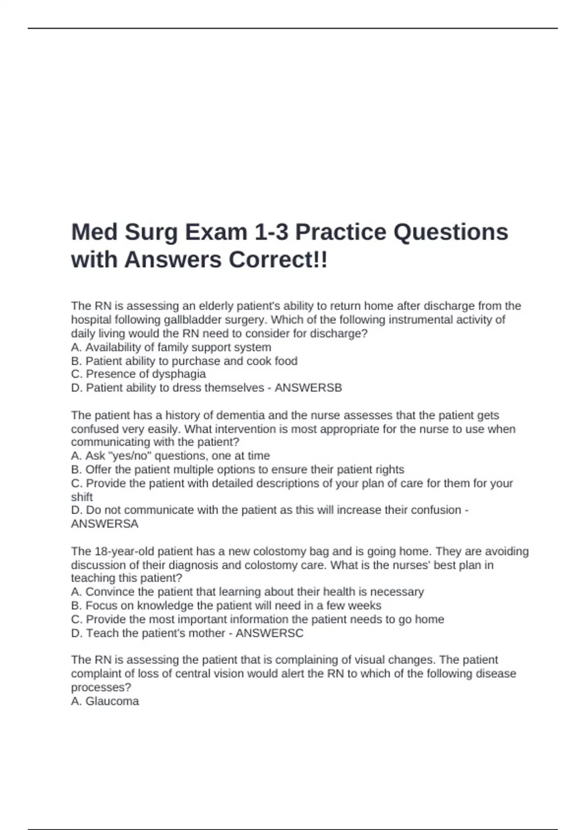 Med Surg Exam 1-3 Practice Questions with Answers Correct!! - Med Surg ...
