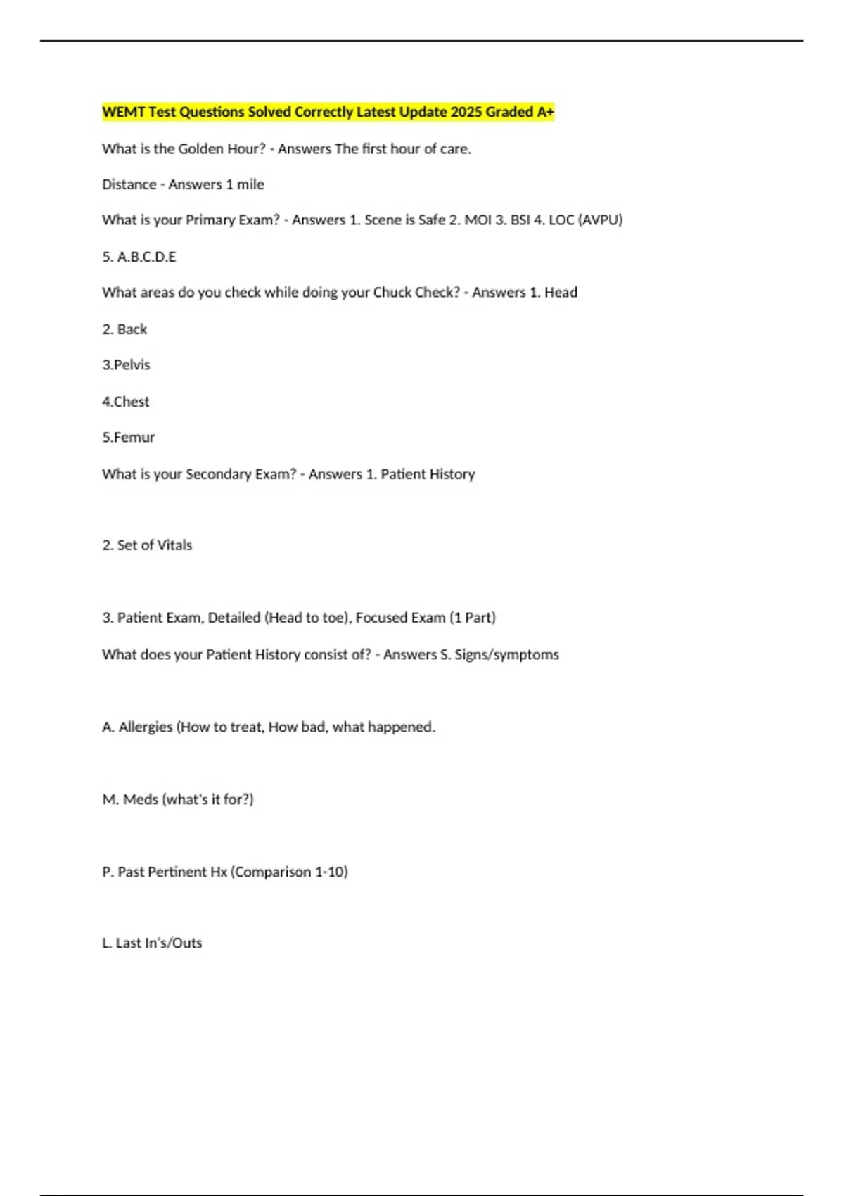 WEMT Test Questions Solved Correctly Latest Update 2025 Graded A+ ...