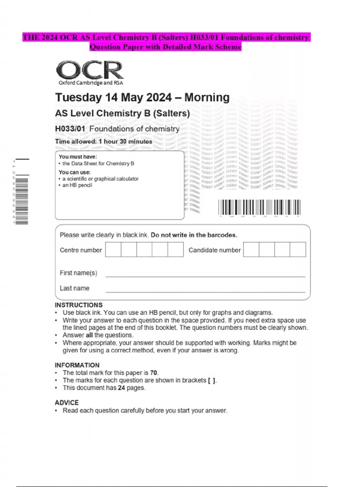 THE 2024 OCR AS Level Chemistry B (Salters) H033/01 Foundations of ...