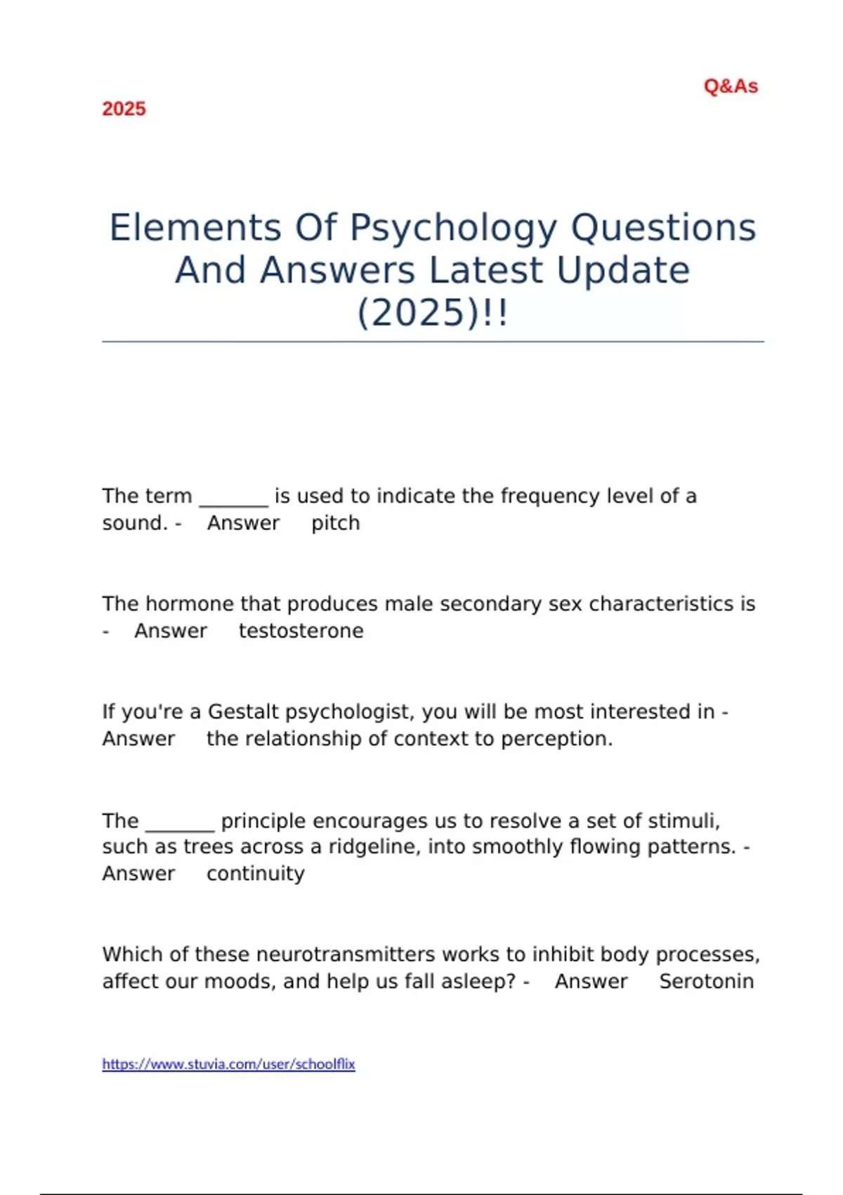 Elements Of Psychology Questions And Answers Latest Update (2025 ...