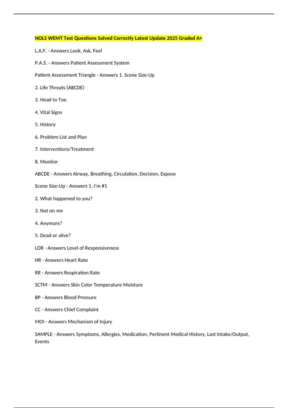 NOLS WEMT Test Questions Solved Correctly Latest Update 2025 Graded A+ ...