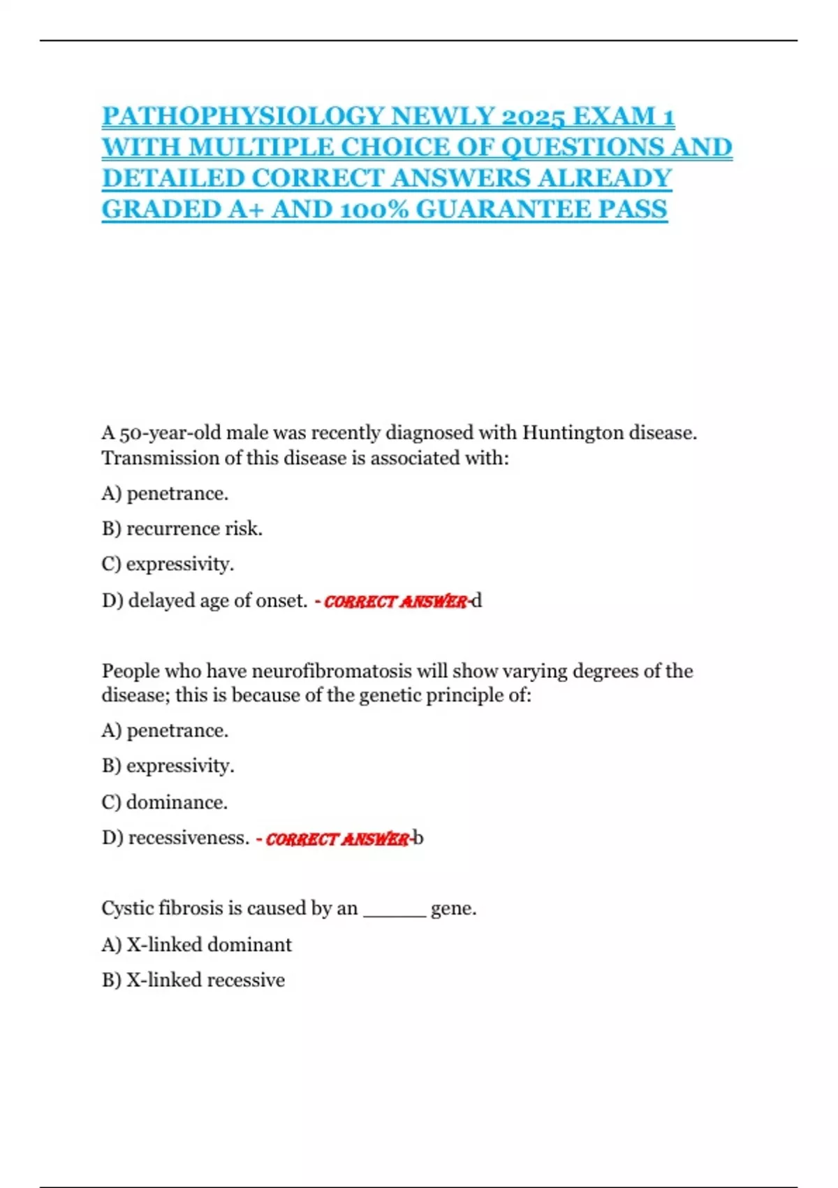 PATHOPHYSIOLOGY NEWLY 2025 EXAM WITH MULTIPLE CHOICE OF QUESTIONS AND ...