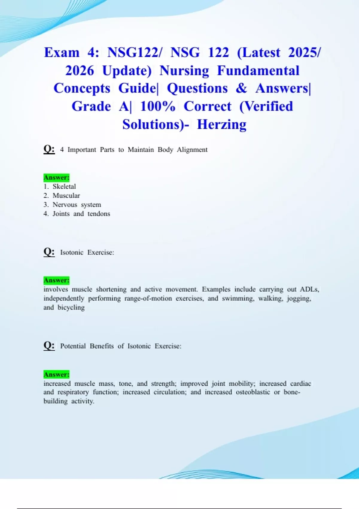 Exam 4: NSG122/ NSG 122 (Latest 2025/ 2026 Update) Nursing Fundamental ...