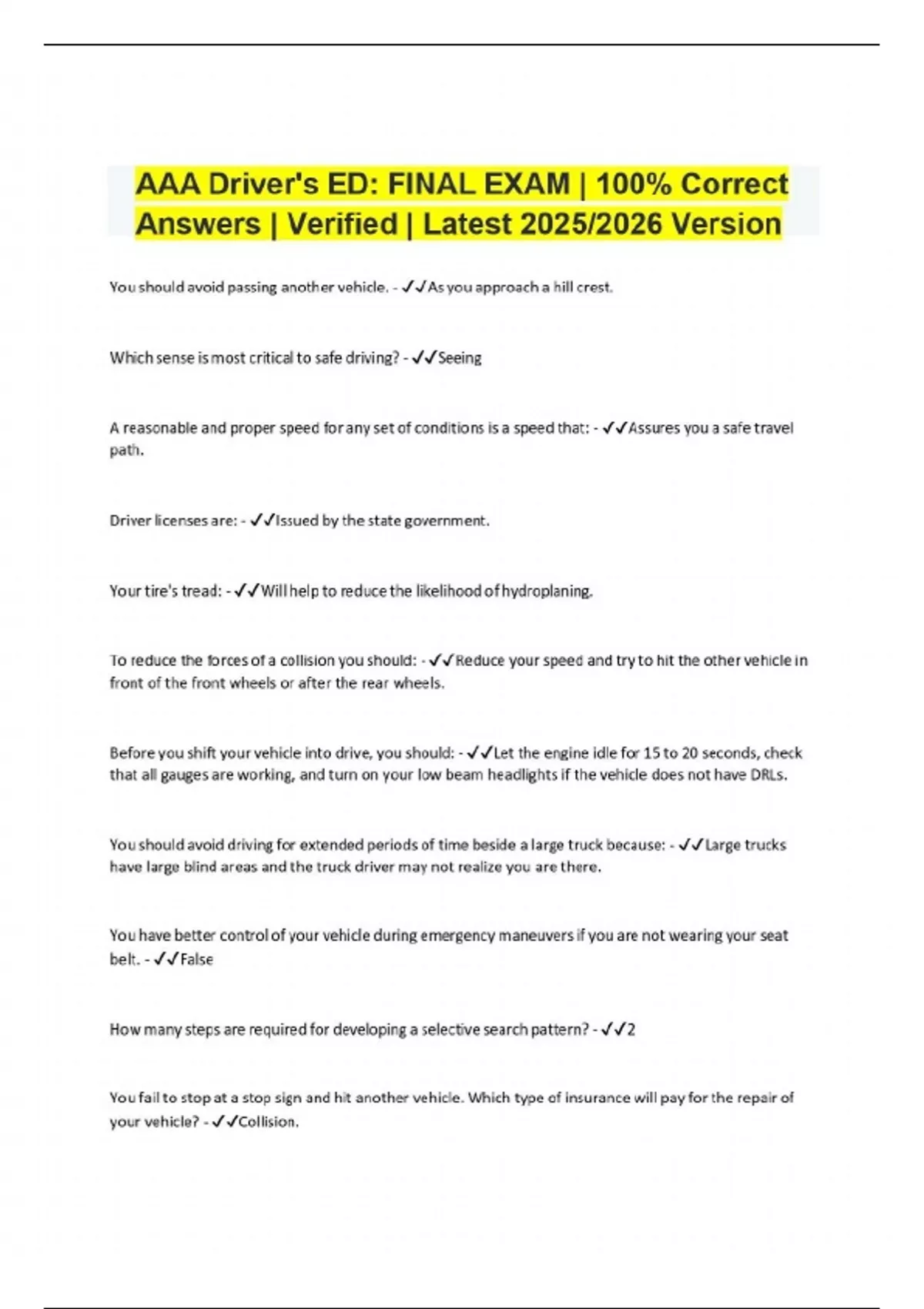 AAA Driver's ED: FINAL EXAM | 100% Correct Answers | Verified | Latest ...
