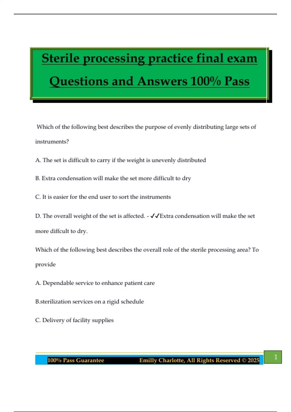 Sterile processing practice final exam Questions and Answers 100% Pass ...