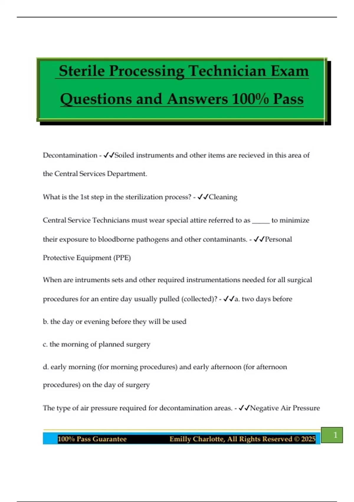 Sterile Processing Technician Exam Questions and Answers 100% Pass ...