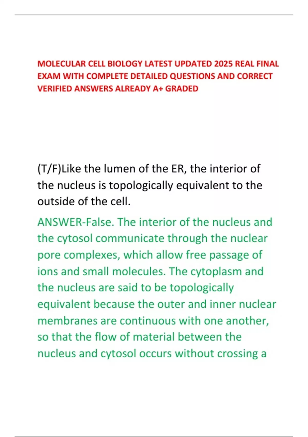MOLECULAR CELL BIOLOGY LATEST UPDATED 2025 REAL FINAL EXAM WITH ...