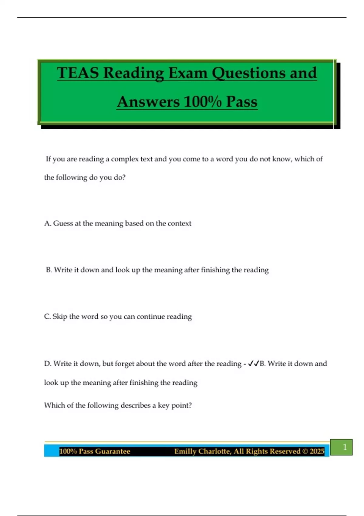 TEAS Reading Exam Questions and Answers 100% Pass - Teas - Stuvia US