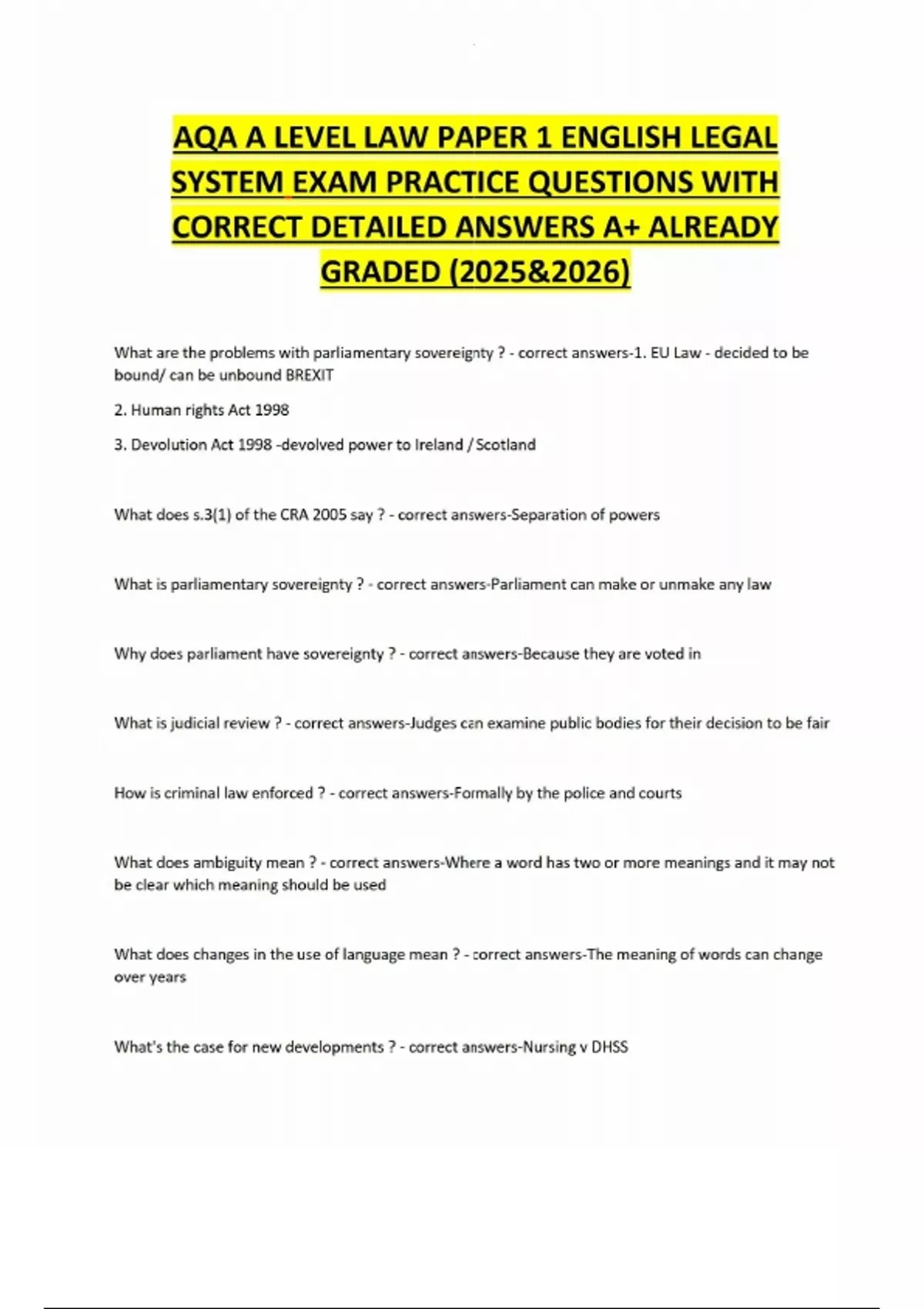 AQA A LEVEL LAW PAPER 1 ENGLISH LEGAL SYSTEM EXAM PRACTICE QUESTIONS ...