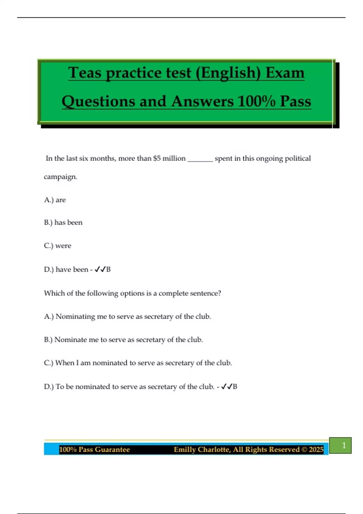 Teas practice test (English) Exam Questions and Answers 100% Pass ...