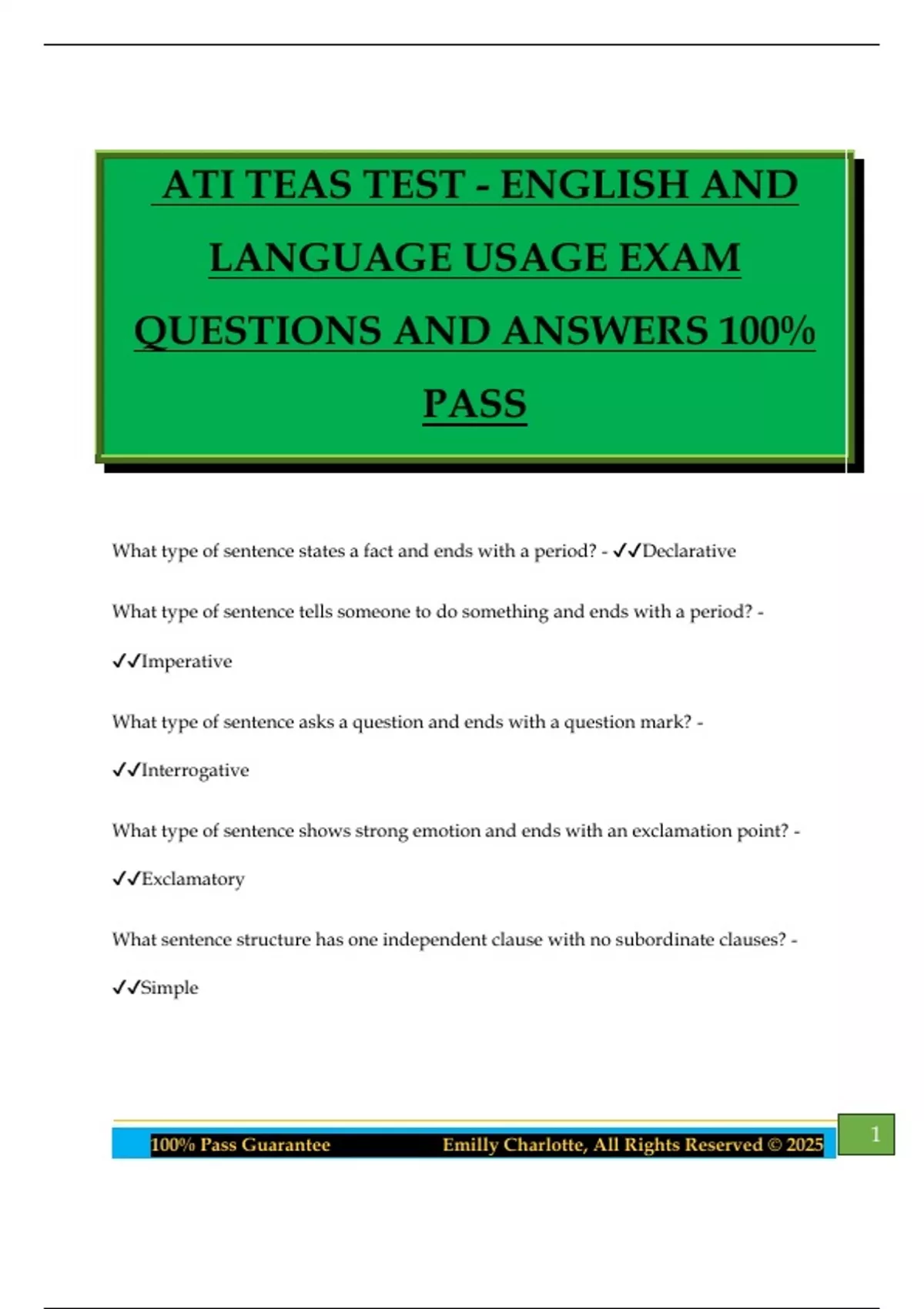 ATI TEAS TEST - ENGLISH AND LANGUAGE USAGE EXAM QUESTIONS AND ANSWERS ...
