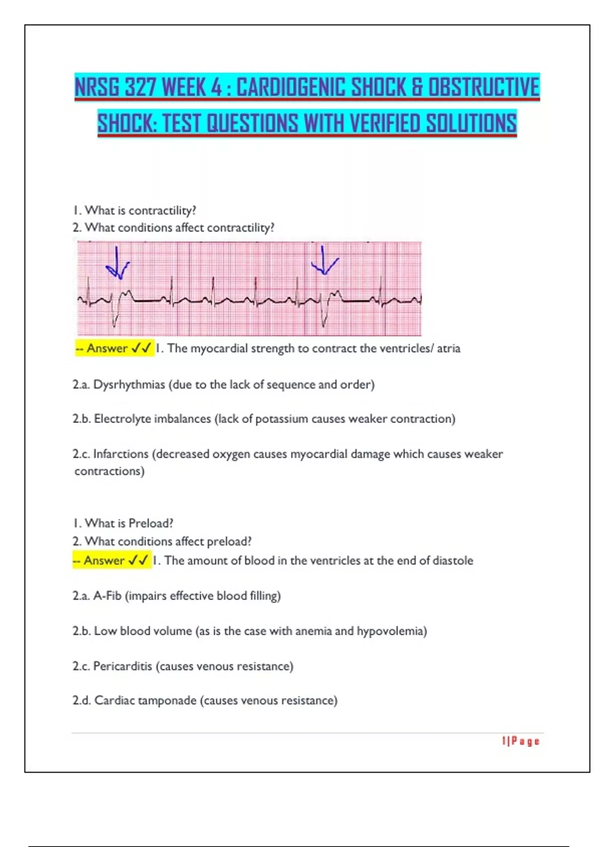 NRSG 327 WEEK 4 -CARDIOGENIC SHOCK & OBSTRUCTIVE SHOCK- TEST QUESTIONS ...