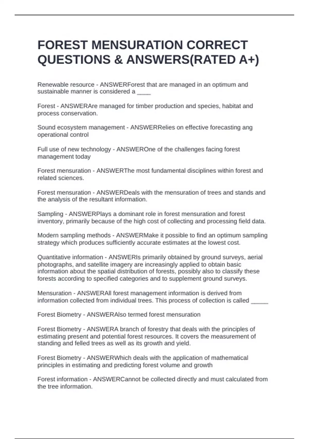 FOREST MENSURATION CORRECT QUESTIONS & ANSWERS(RATED A+) - FOREST ...