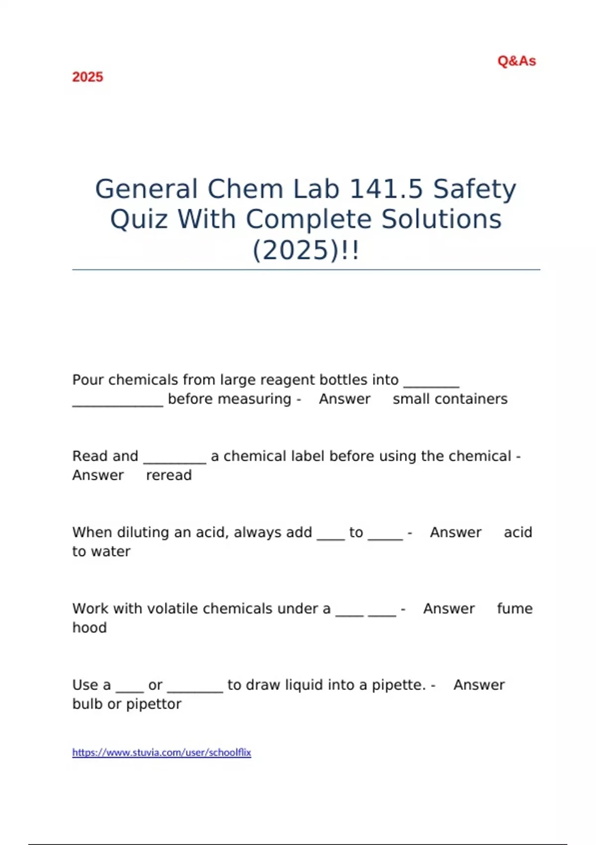 General Chem Lab 141.5 Safety Quiz With Complete Solutions (2025 ...