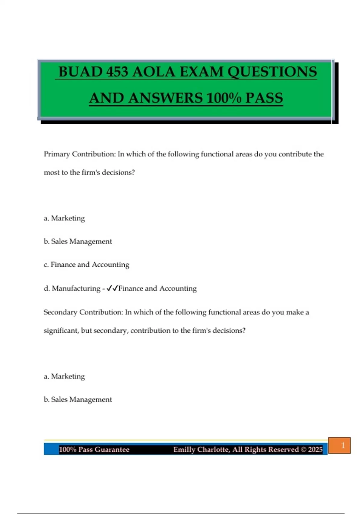 BUAD 453 AOLA EXAM QUESTIONS AND ANSWERS 100% PASS - BUAD 453 - Stuvia US