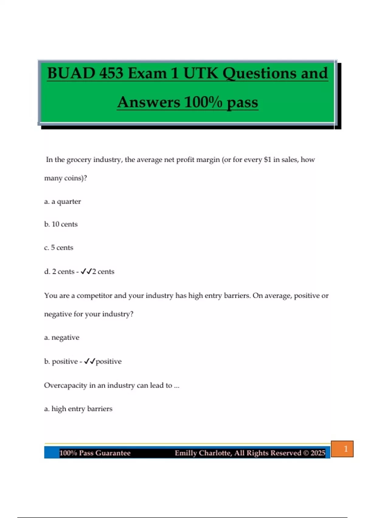 BUAD 453 Exam 1 UTK Questions and Answers 100% pass - BUAD 453 - Stuvia US