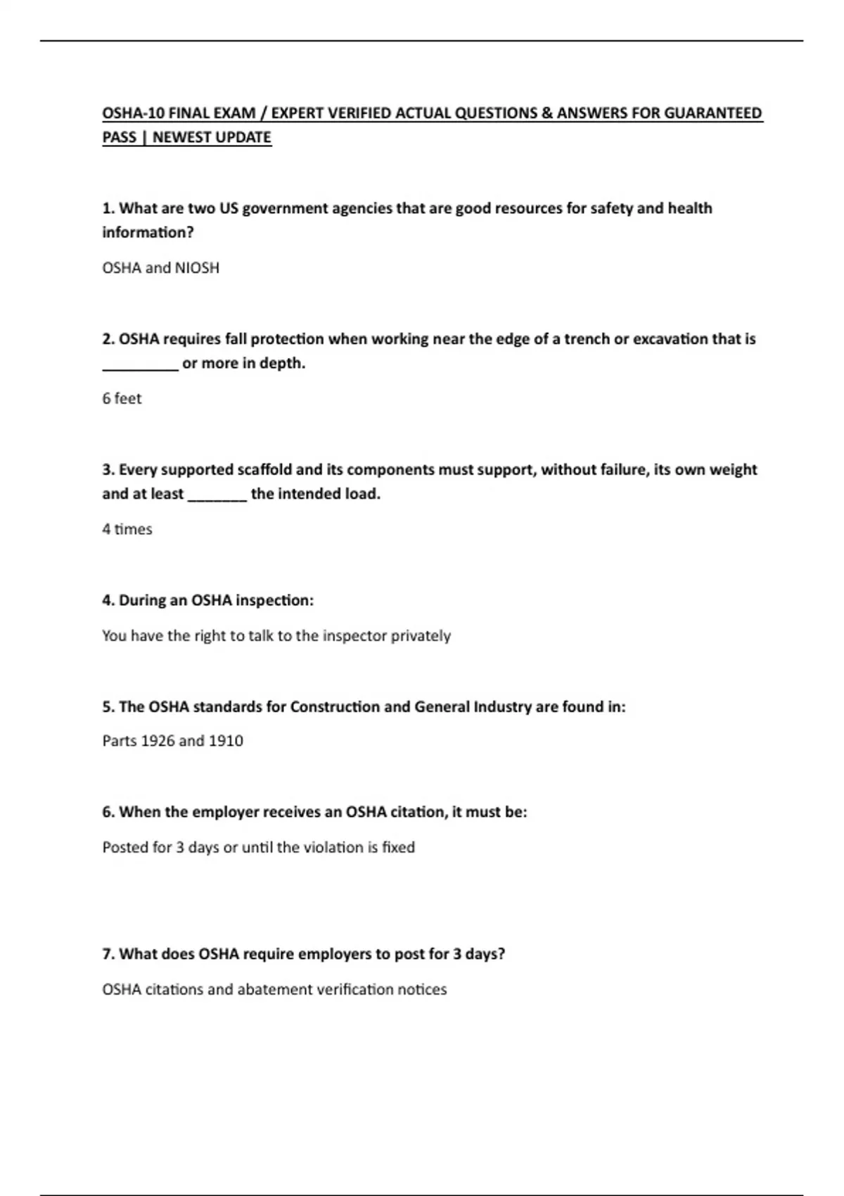 OSHA-10 FINAL EXAM / EXPERT VERIFIED ACTUAL QUESTIONS & ANSWERS FOR ...