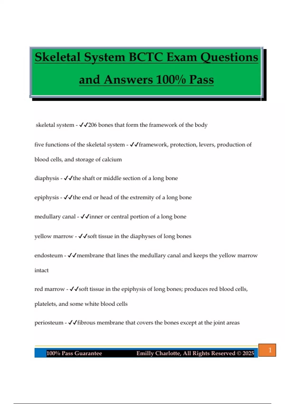 Skeletal System BCTC Exam Questions and Answers 100% Pass - BCTC BIO 139 - Stuvia US