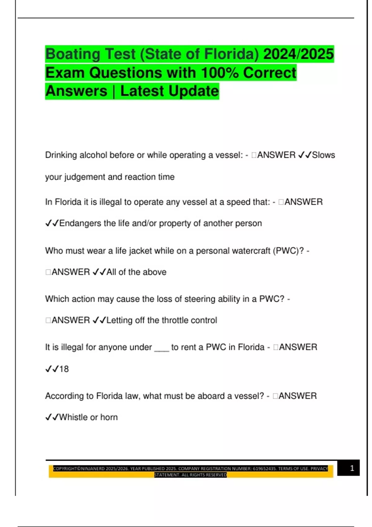 Boating Test (State of Florida) 2024/2025 Exam Questions with 100% ...