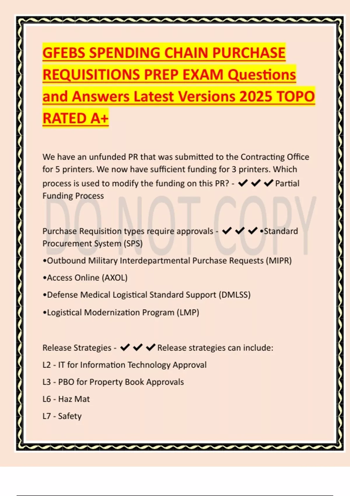 GFEBS SPENDING CHAIN PURCHASE REQUISITIONS PREP EXAM Questions and ...
