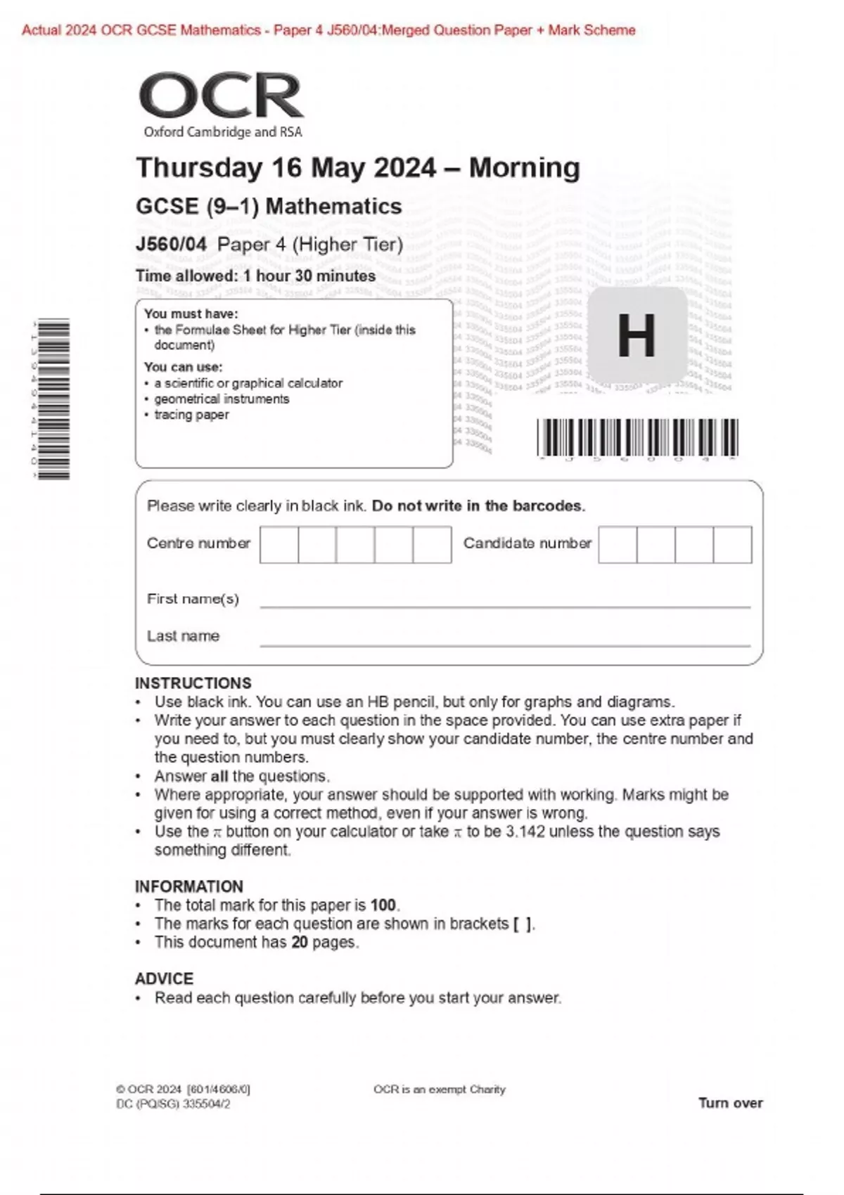 Actual 2024 OCR GCSE Mathematics - Paper 4 J560/04: Paper 4 (Higher ...