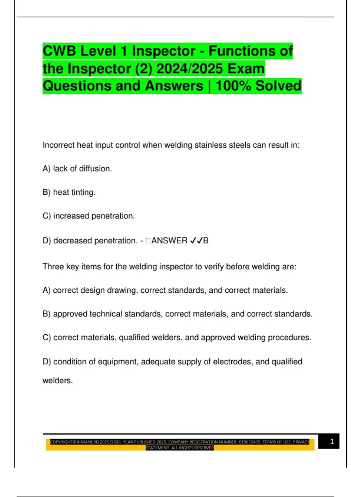 CWB Level 1 Inspector - Functions of the Inspector (2) 2024/2025 Exam ...