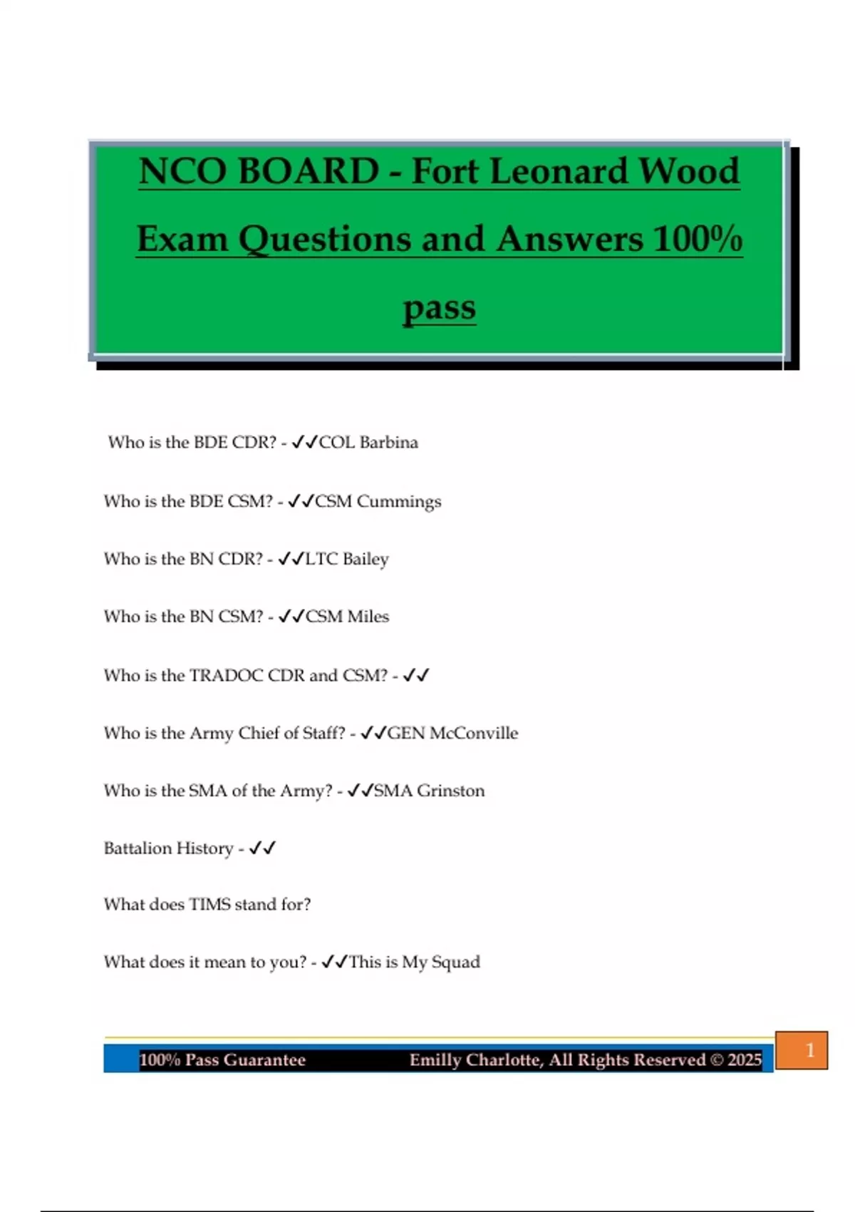 NCO BOARD - Fort Leonard Wood Exam Questions and Answers 100% pass ...