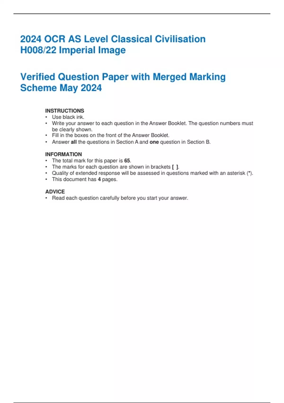 2024 OCR AS Level Classical Civilisation H008/22 Imperial Image ...