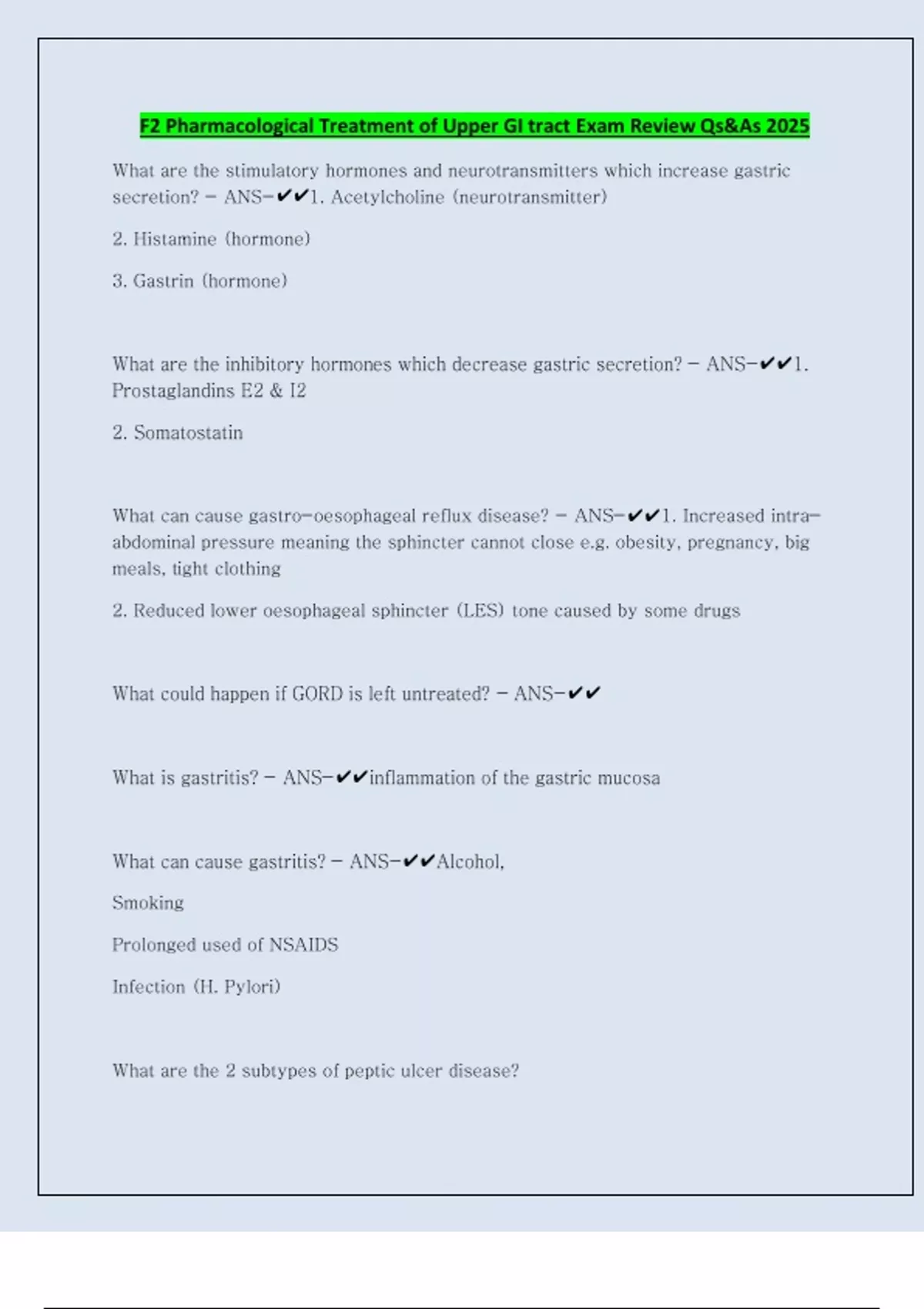 F2 Pharmacological Treatment of Upper GI tract Exam Review Qs&As 2025 ...